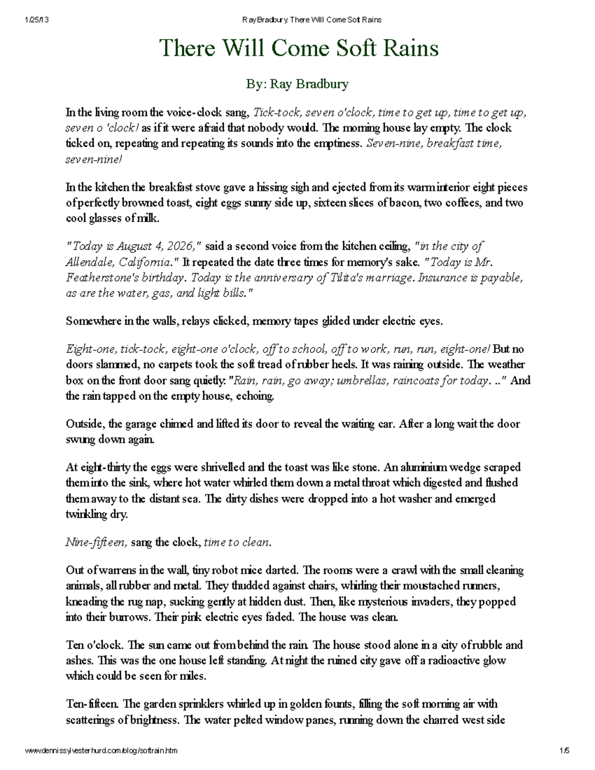 Ray Bradbury: There Will Come Soft Rains - Analysis & Summary - Studocu