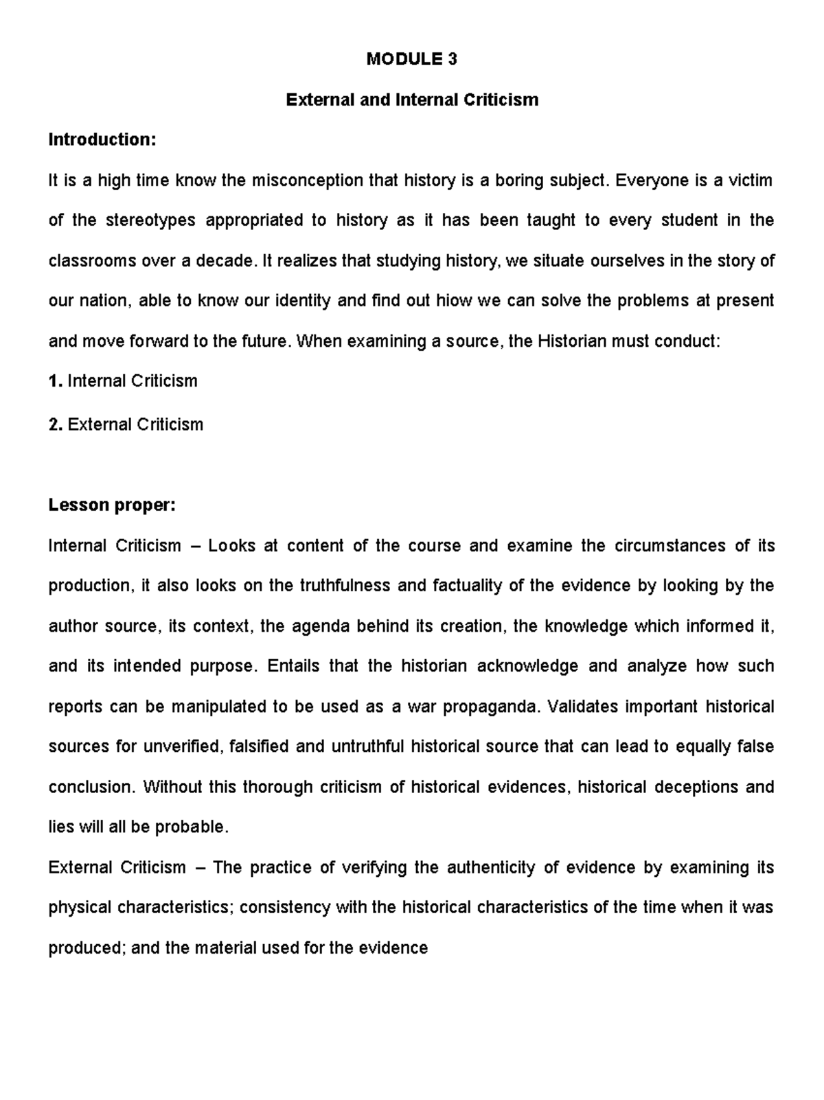 History Module 3 - MODULE 3 External and Internal Criticism ...