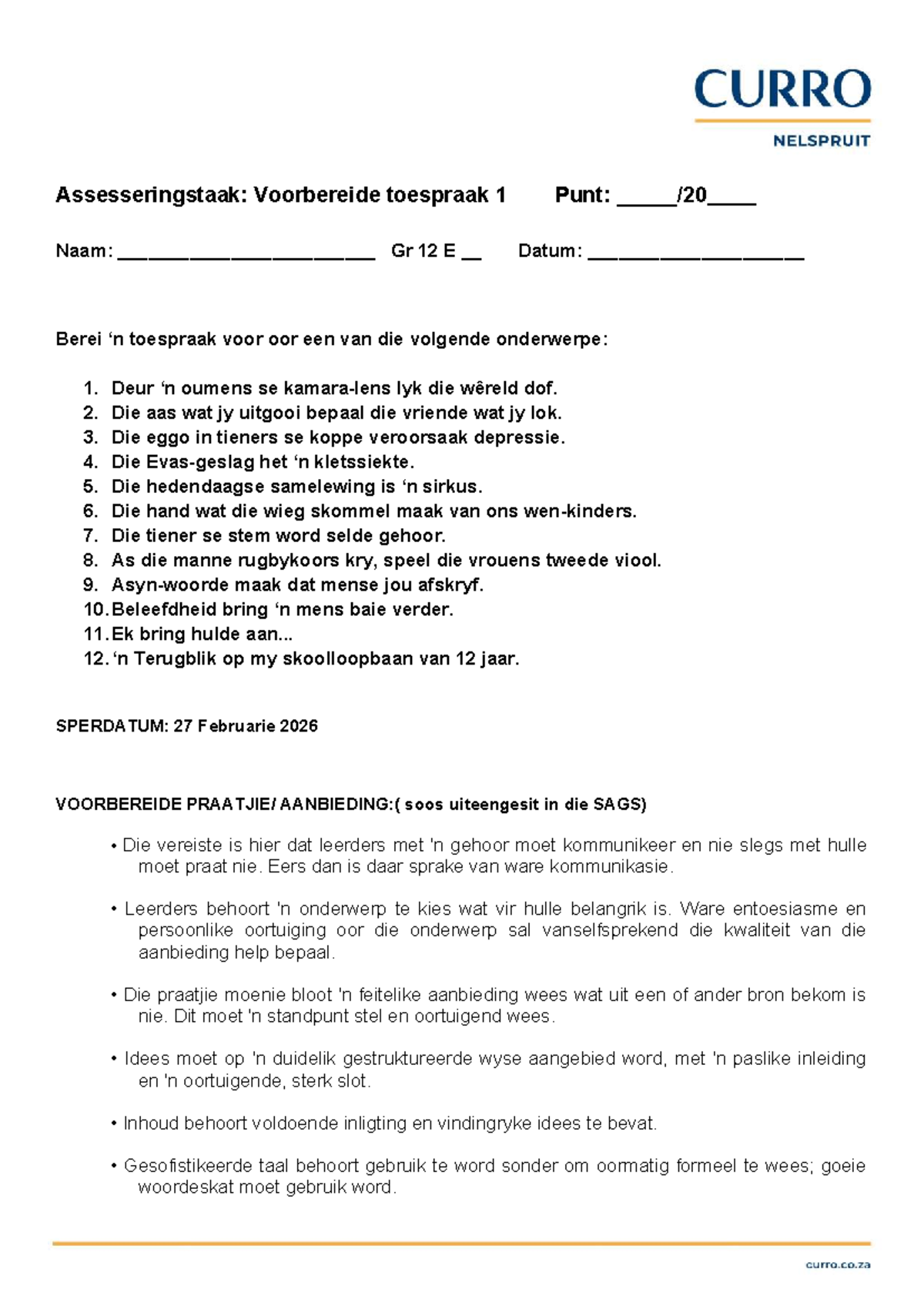 Gr 12 E: Voorbereide Toespraak 1 - Onderwerpe en Riglyne - Studocu