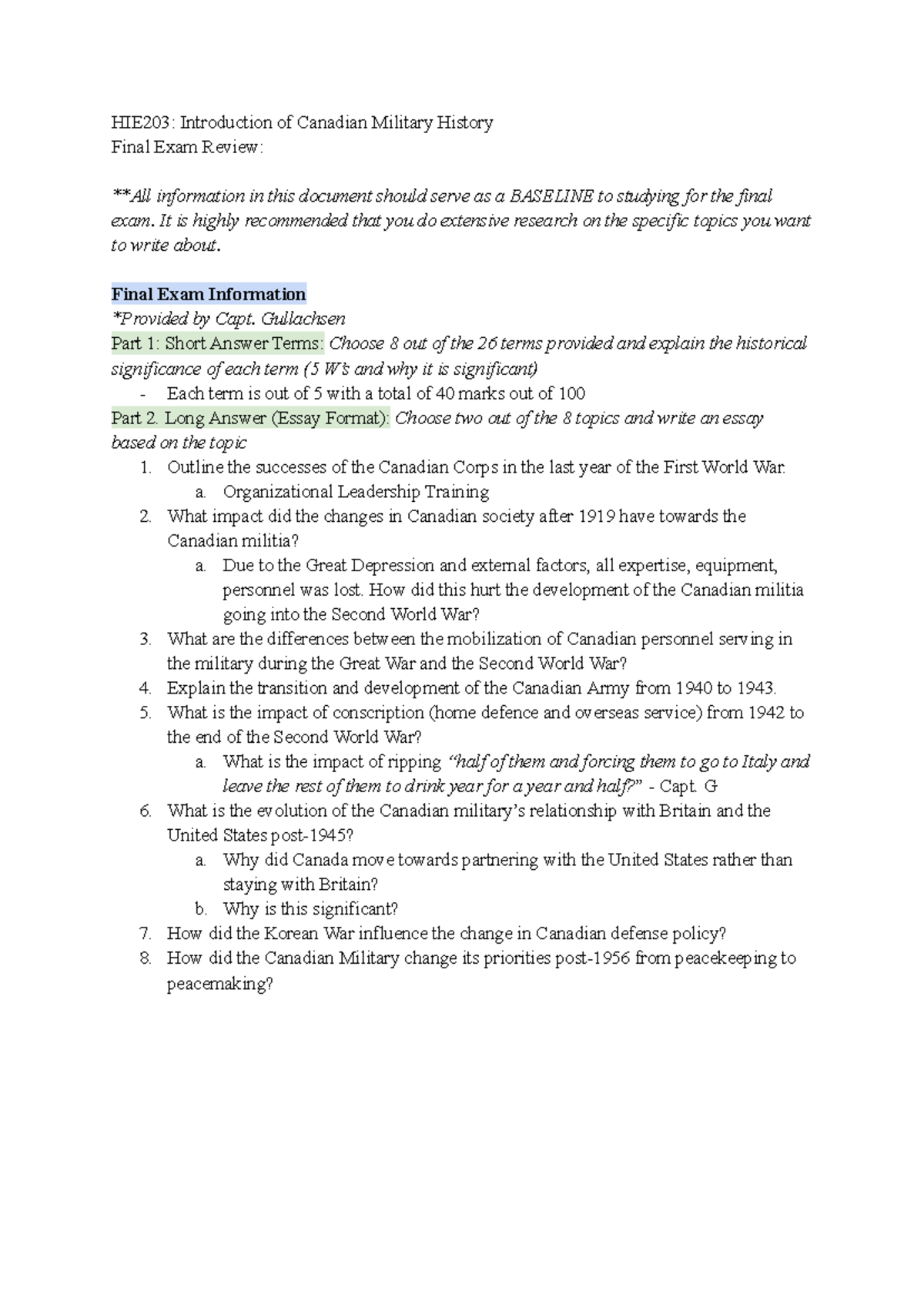 HIE203 Final Exam Review: Canadian Military History Essentials - HIE203 ...