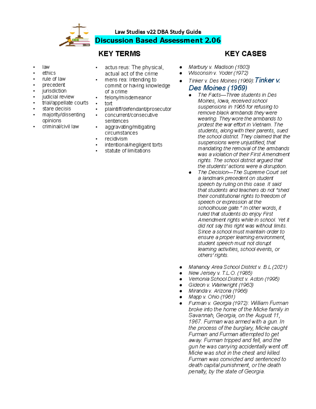 Law Studies v22 DBA Study Guide: Key Terms & Landmark Cases - Studocu