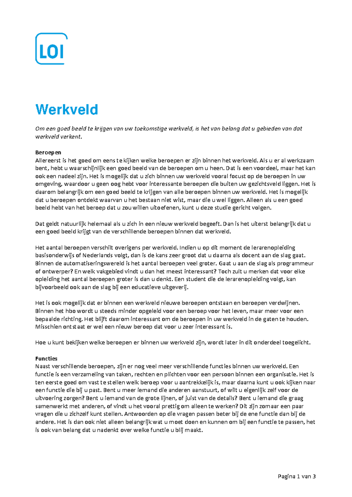 Werkveld: Verkenning van Beroepen, Functies en Competenties - Studeersnel