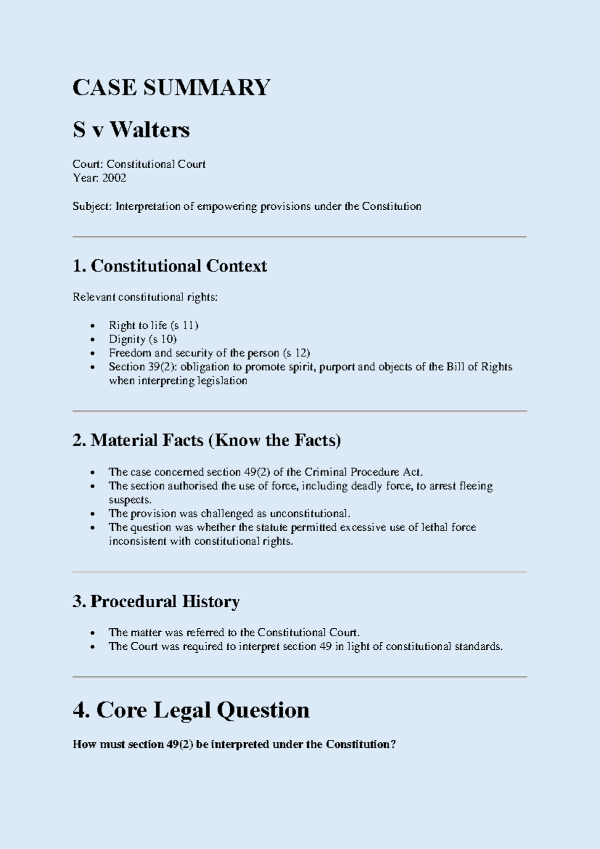 S v Walters Case Summary: Constitutional Court Ruling (2002) - Studocu