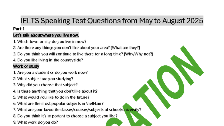IELTS Speaking Test Questions: May-August 2025 Edition - Studocu