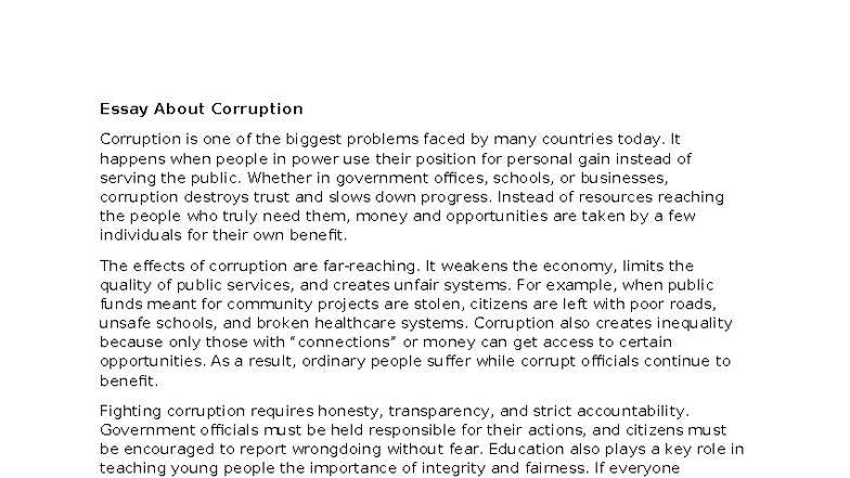 Essay on Corruption: Causes, Effects, and Solutions - Studocu