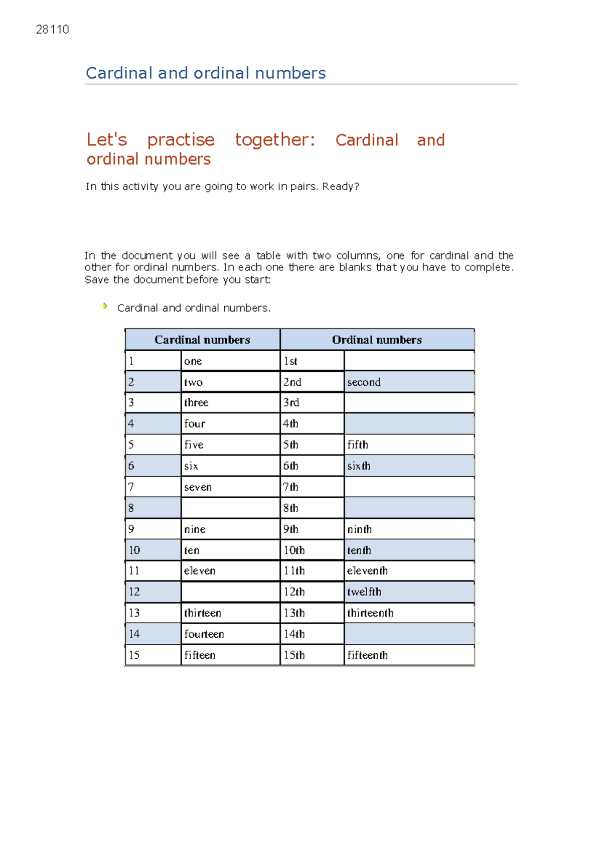28110 - Cardinal and Ordinal Numbers Practice Activity - Studocu