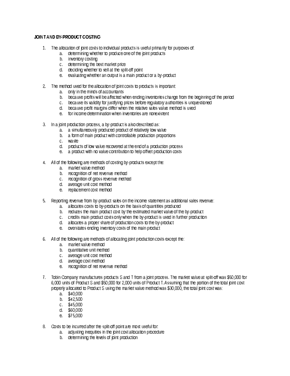 Final QUIZ - Joint & By-Product Costing (Course Code: JOINT AND COSTING ...