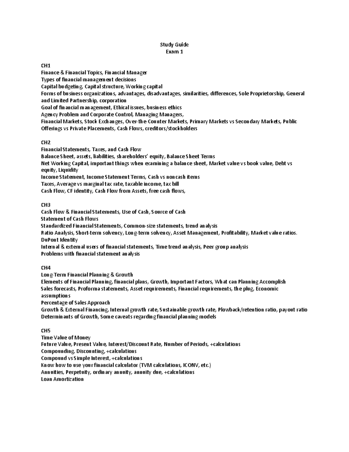 Finance Study Guide - Exam 1: Key Topics & Concepts - Study Guide Exam ...