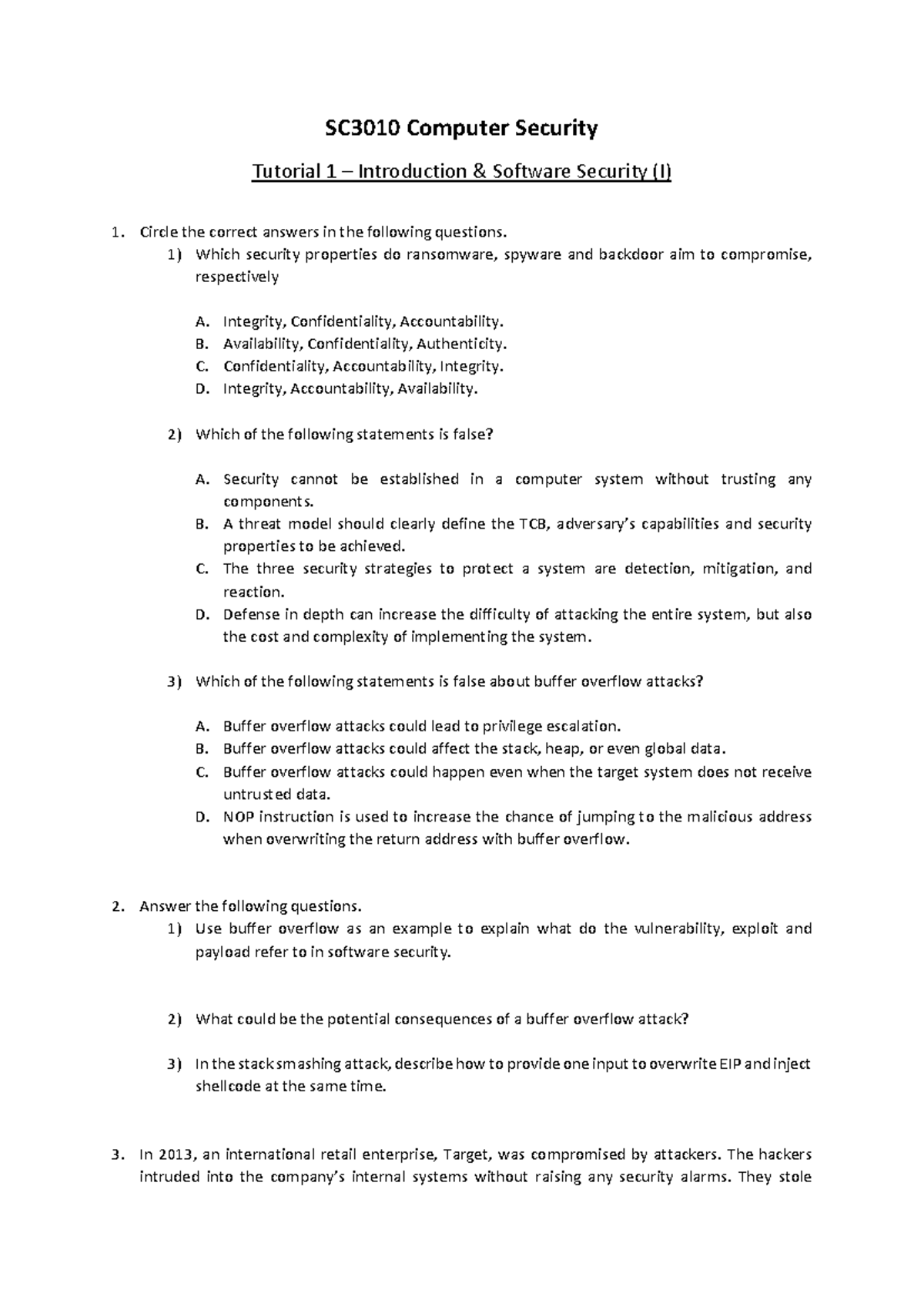 SC3010 Computer Security Tutorial 1: Software Security Insights - Studocu