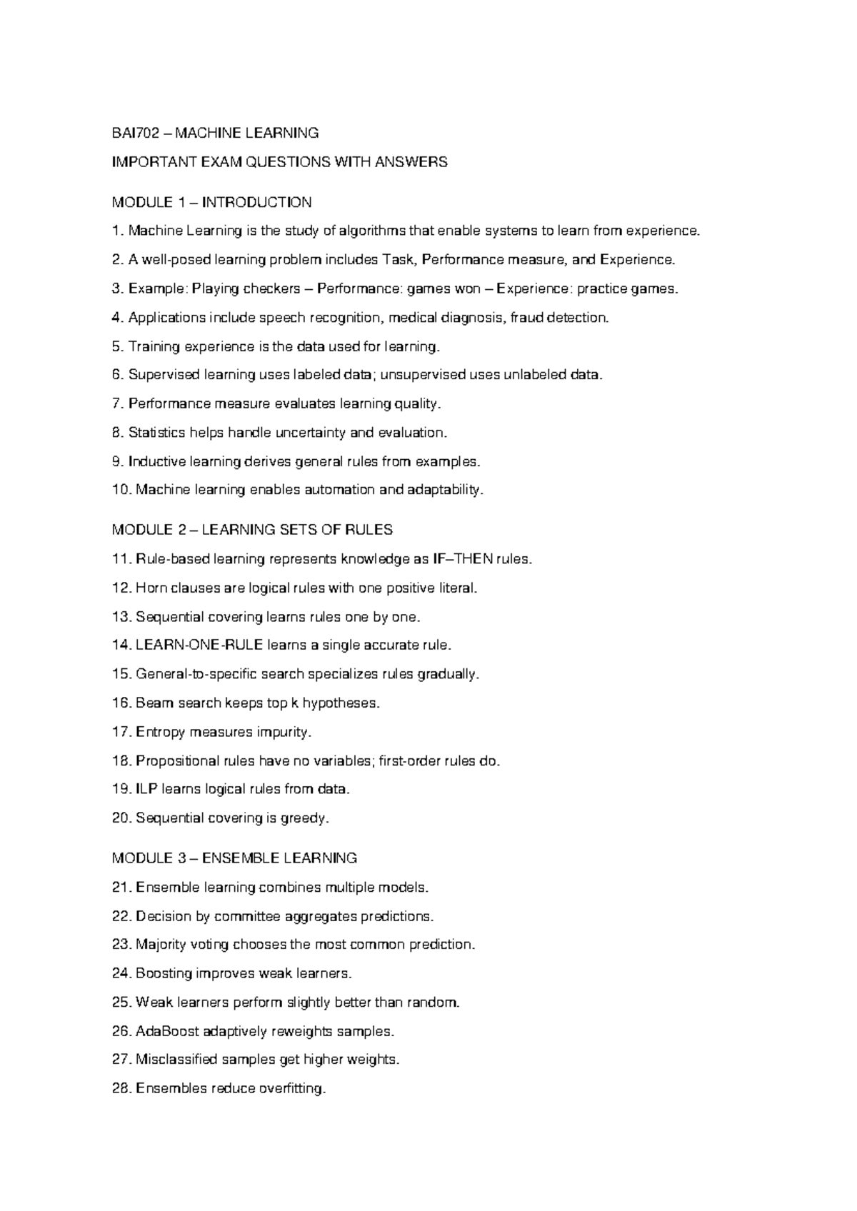 BAI702 Machine Learning: Key Exam Questions & Answers - Studocu