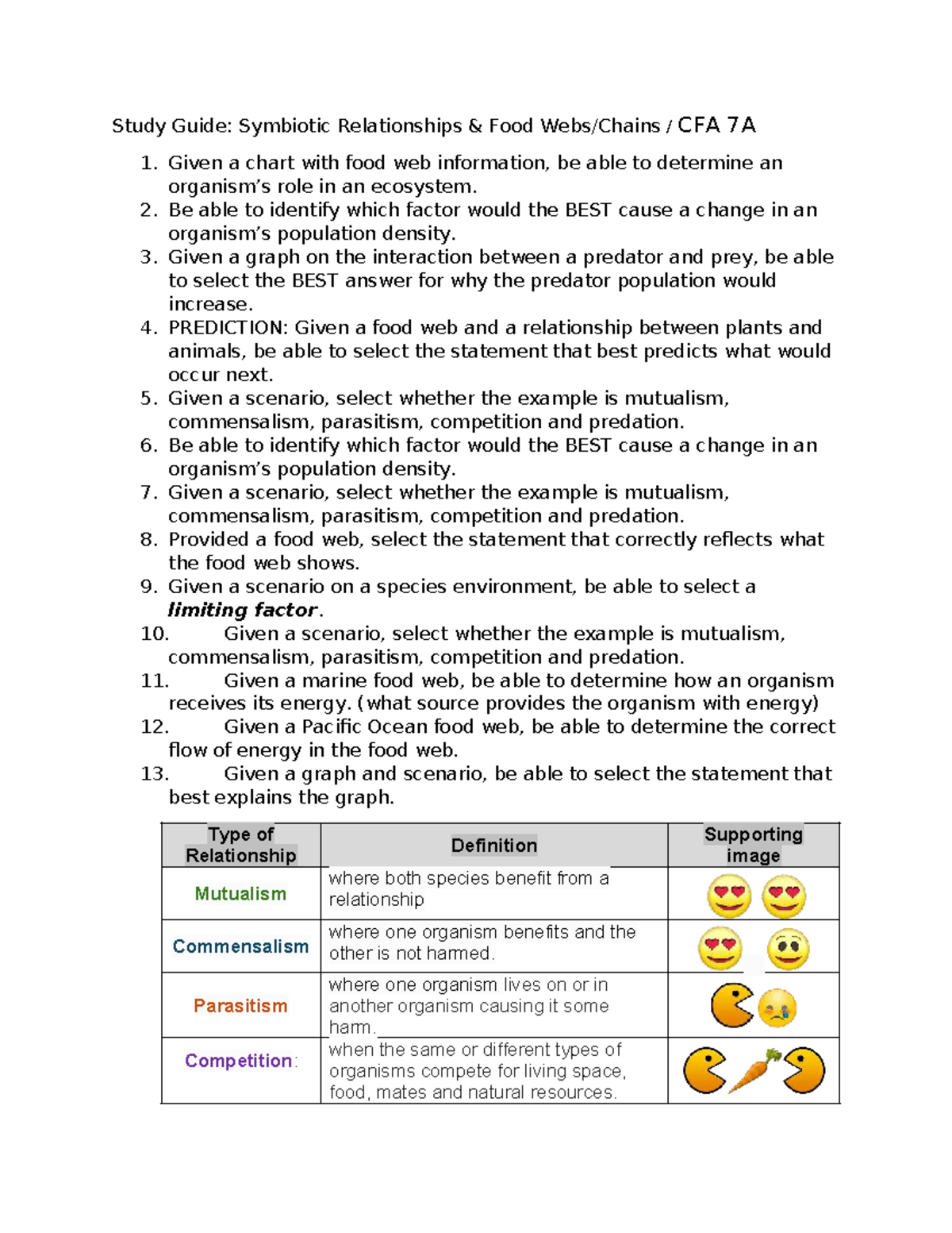 Study Guide: Symbiotic Relationships & Food Webs CFA 7A - Studocu