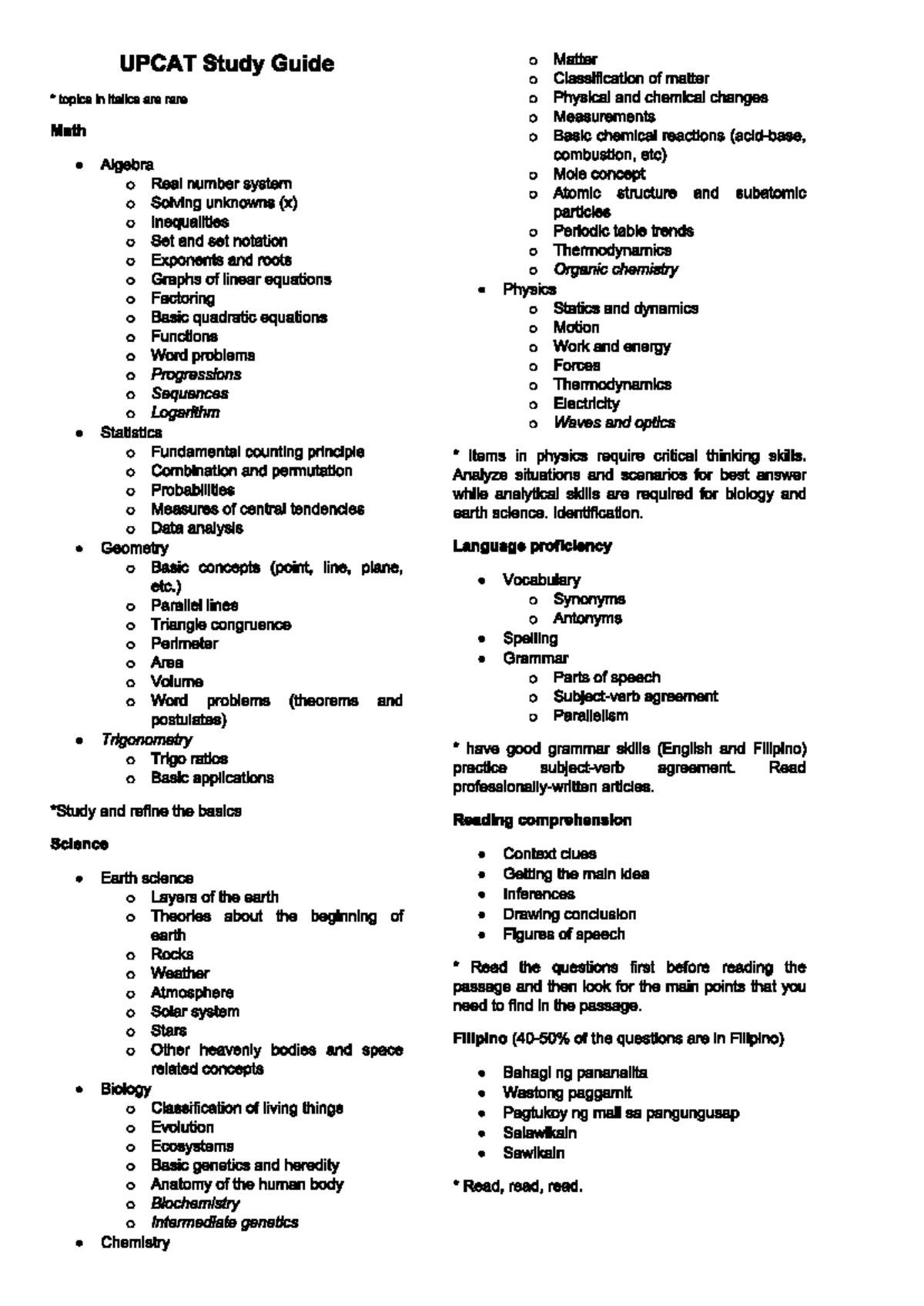 UPCAT Study Guide: Comprehensive Review of Science & Math Topics - Studocu
