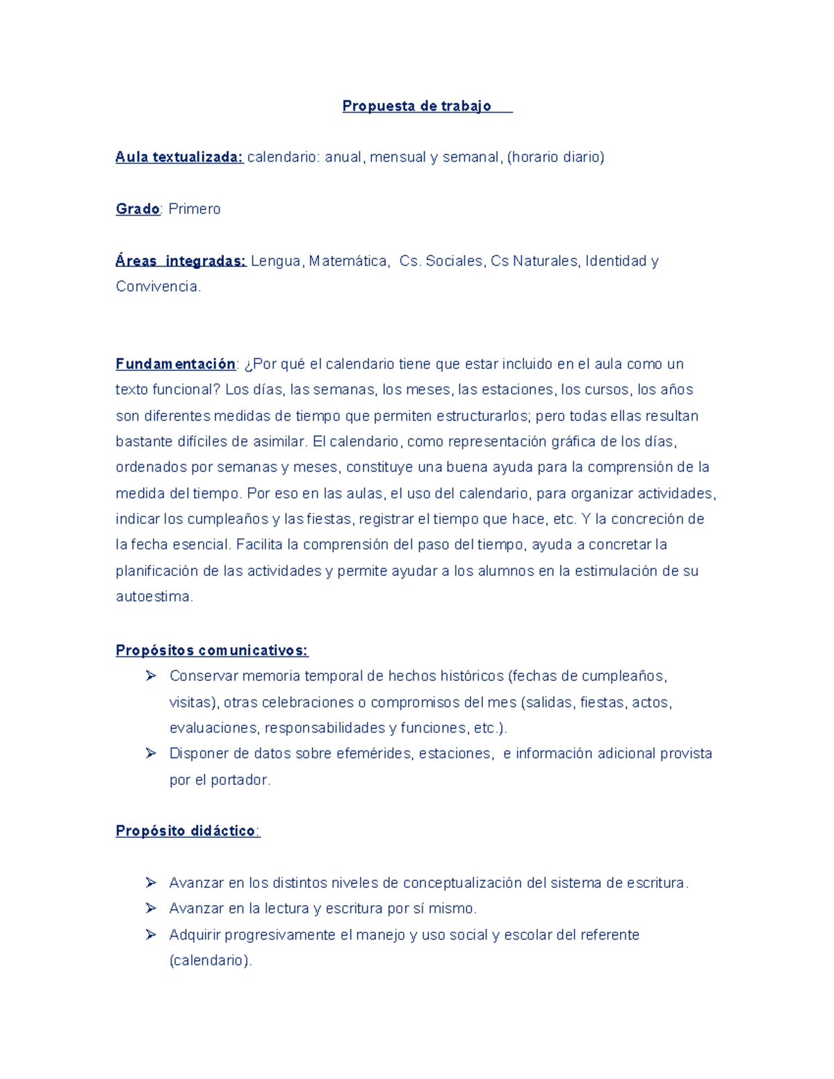 Propuesta de Trabajo sobre el Calendario para Primero Grado - Studocu