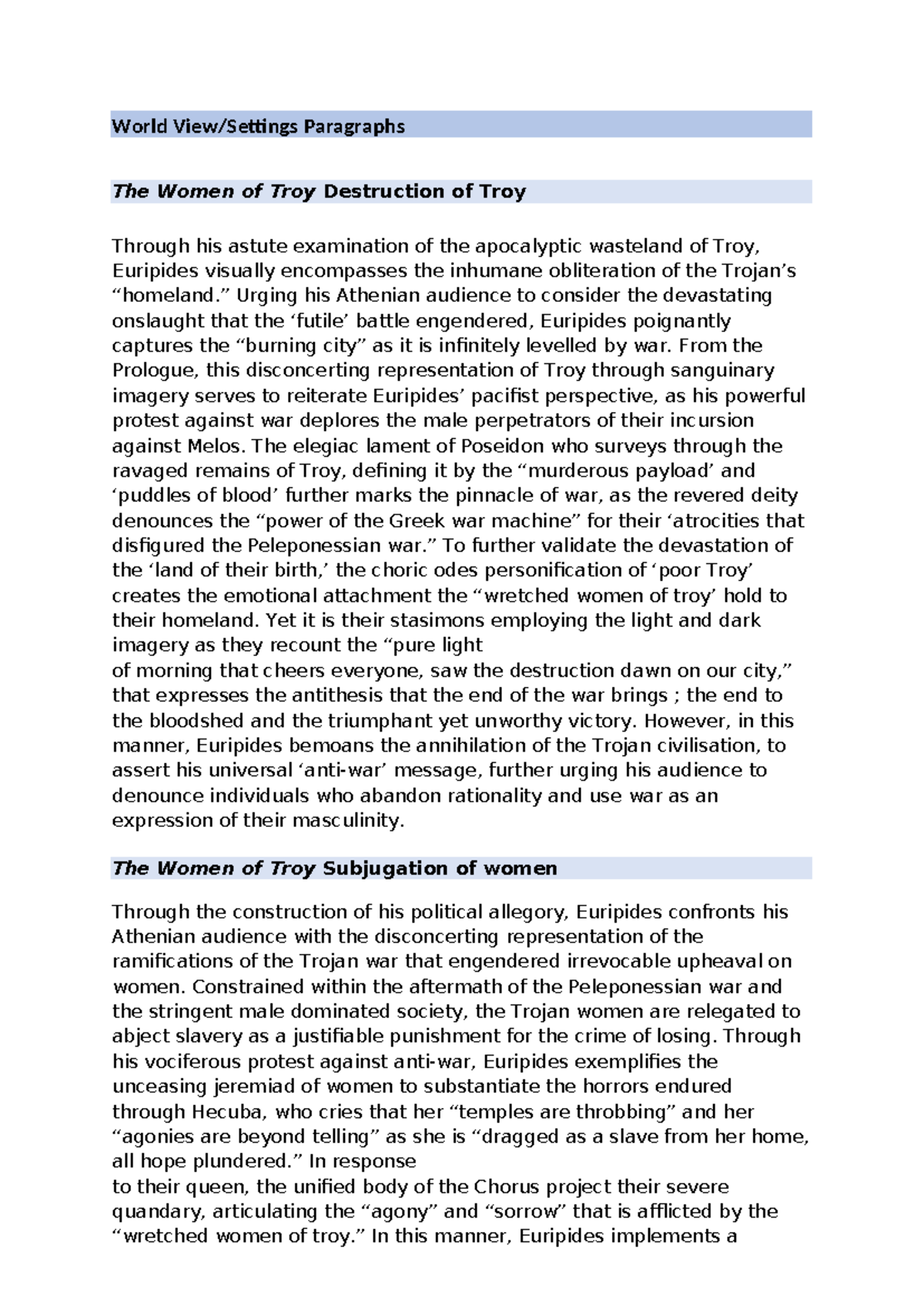 World View Paragraphs: The Women of Troy and Insular Communities ...