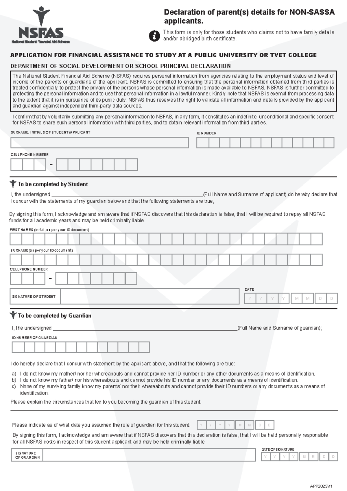 Declaration Form for Non-SASSA Applicants: NSFAS Financial Aid - Studocu