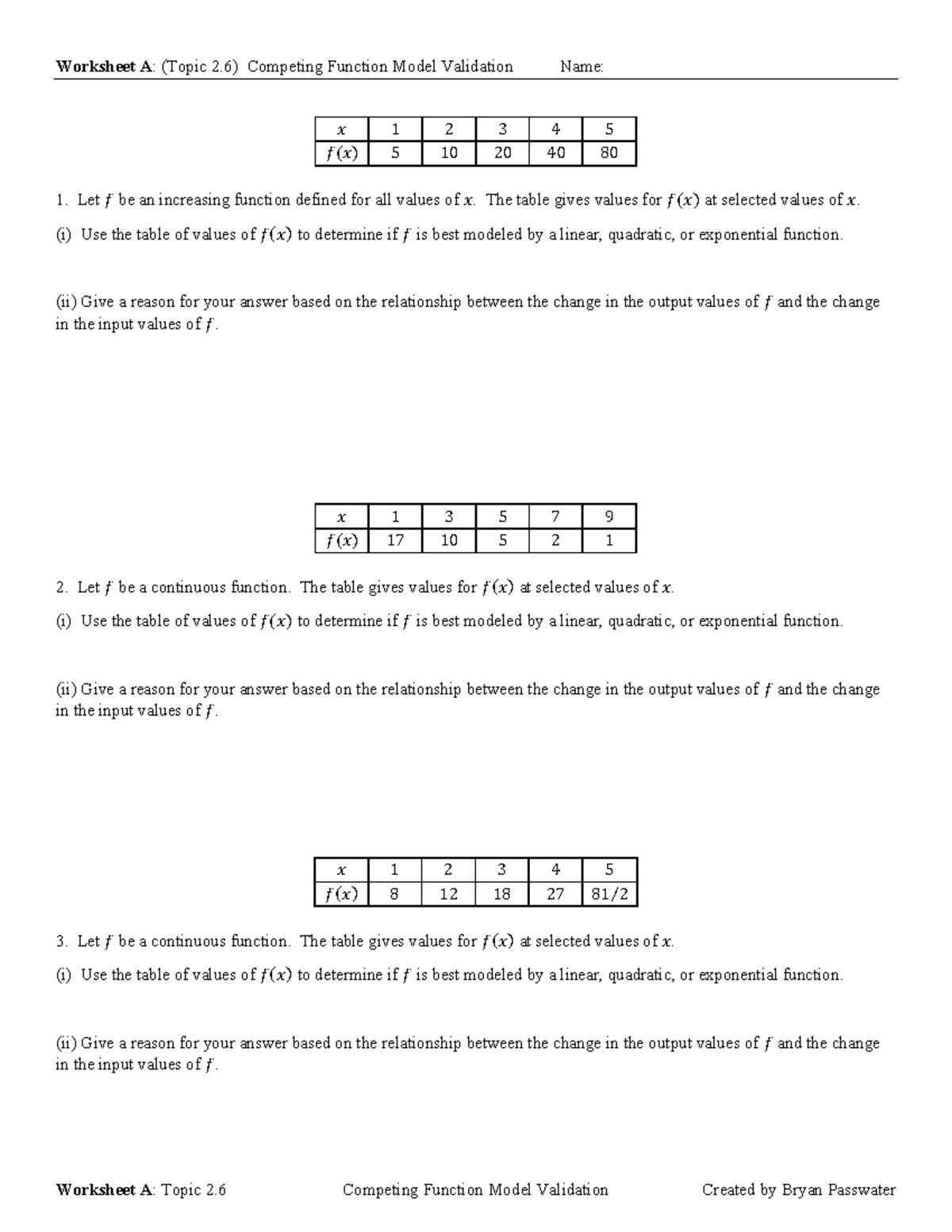 Worksheet A 2024: Topic 2.6 Competing Function Model Validation - Studocu