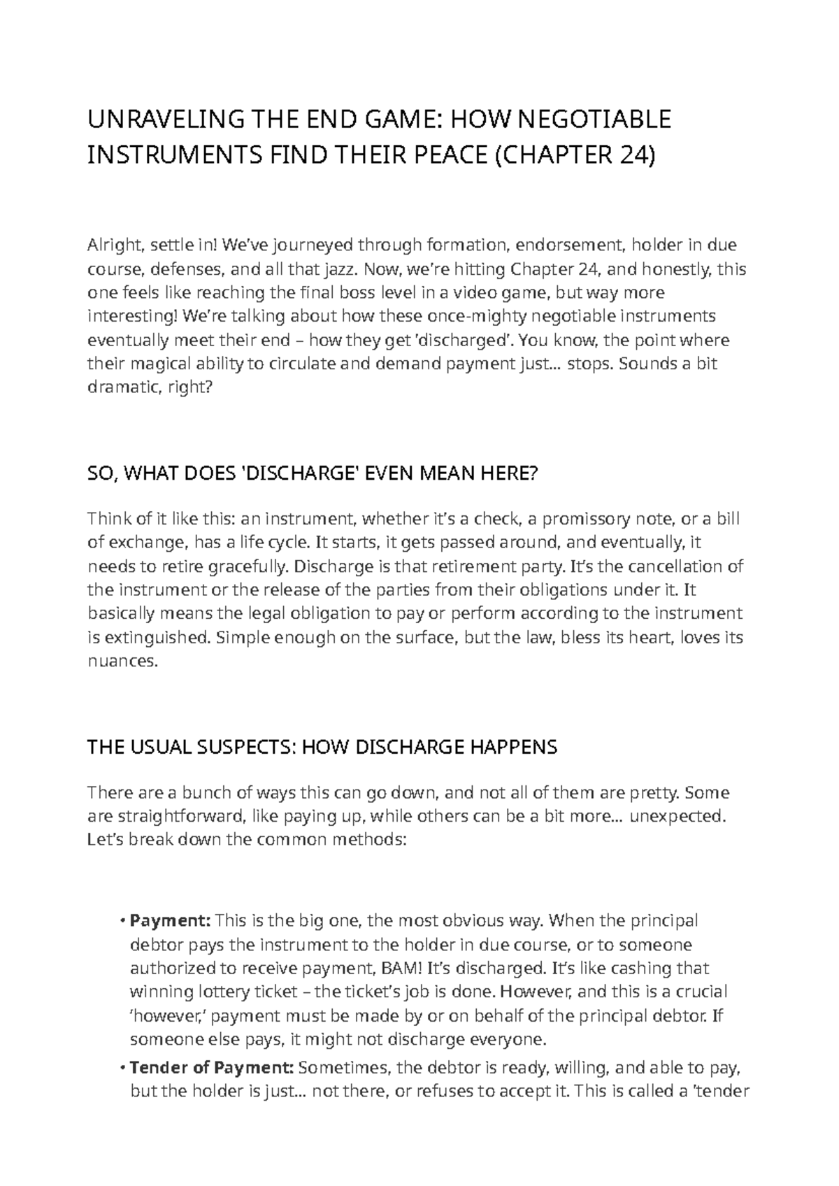 Negotiable Instruments (Chapter 24) Review: Discharge & End Game - Studocu
