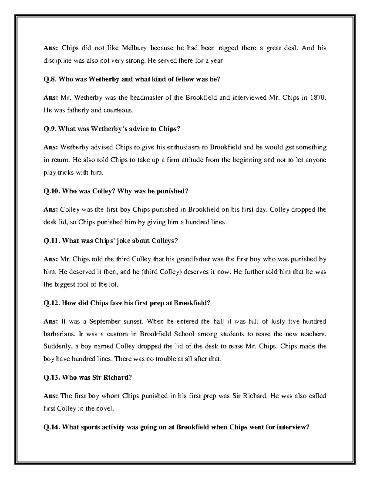 Important Questions for Mr. Chips - Chapter Insights and Analysis - Studocu