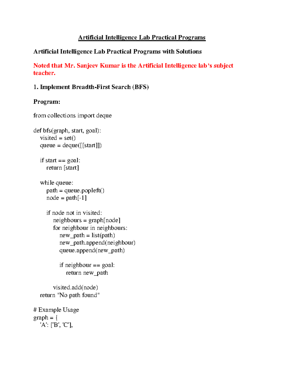 Artificial Intelligence Lab Practical Programs lab file - Artificial Intelligence Lab Practical ...