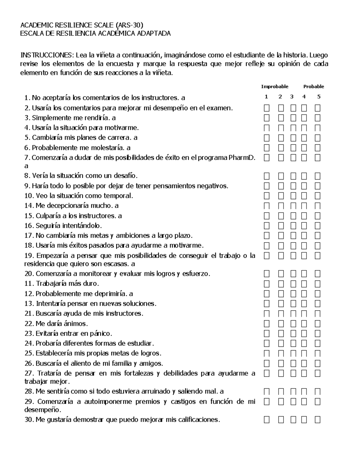 ARS-30 Escala de Resiliencia Académica: Instrucciones y Preguntas - Studocu