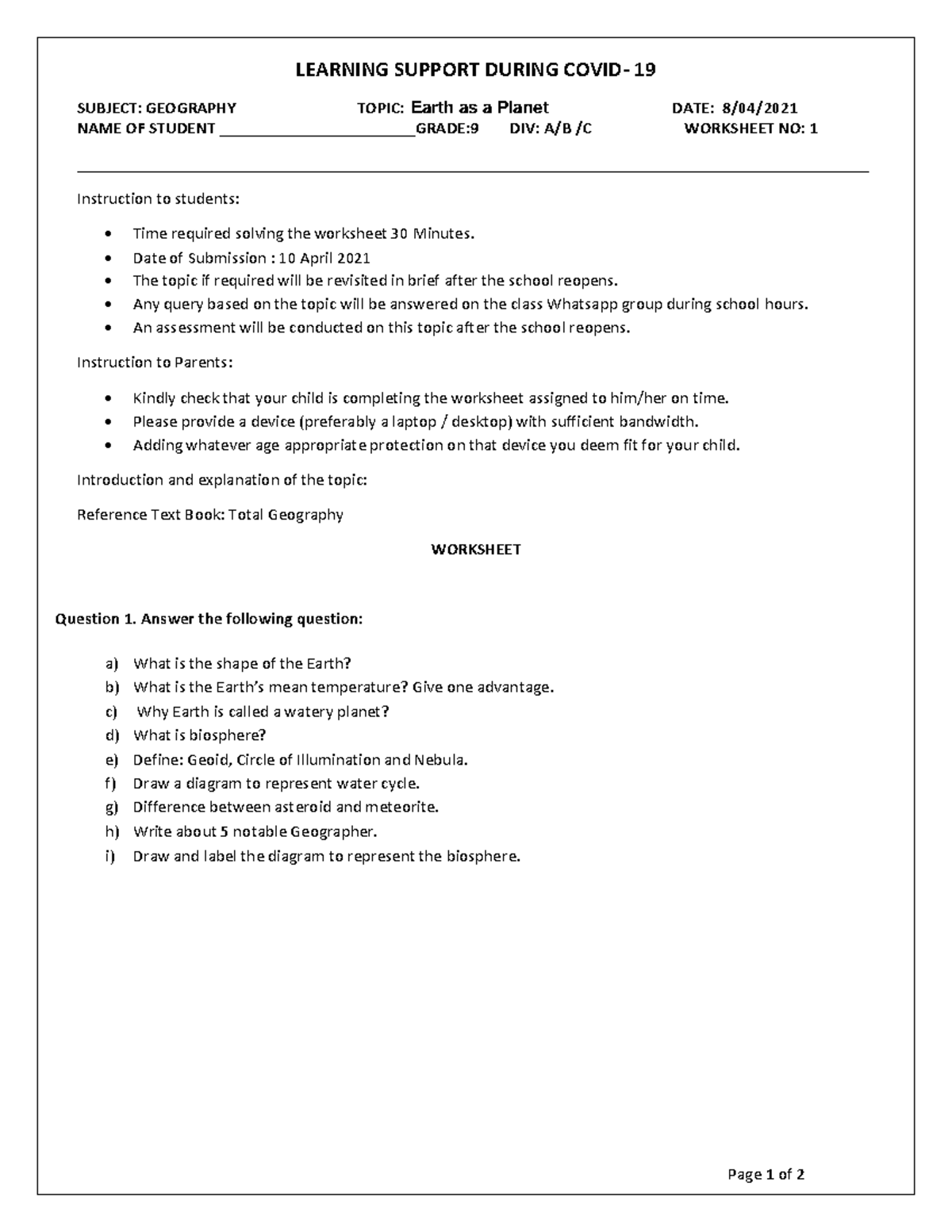 GEOG 19: Worksheet 1 - Earth as a Planet Overview - Studocu