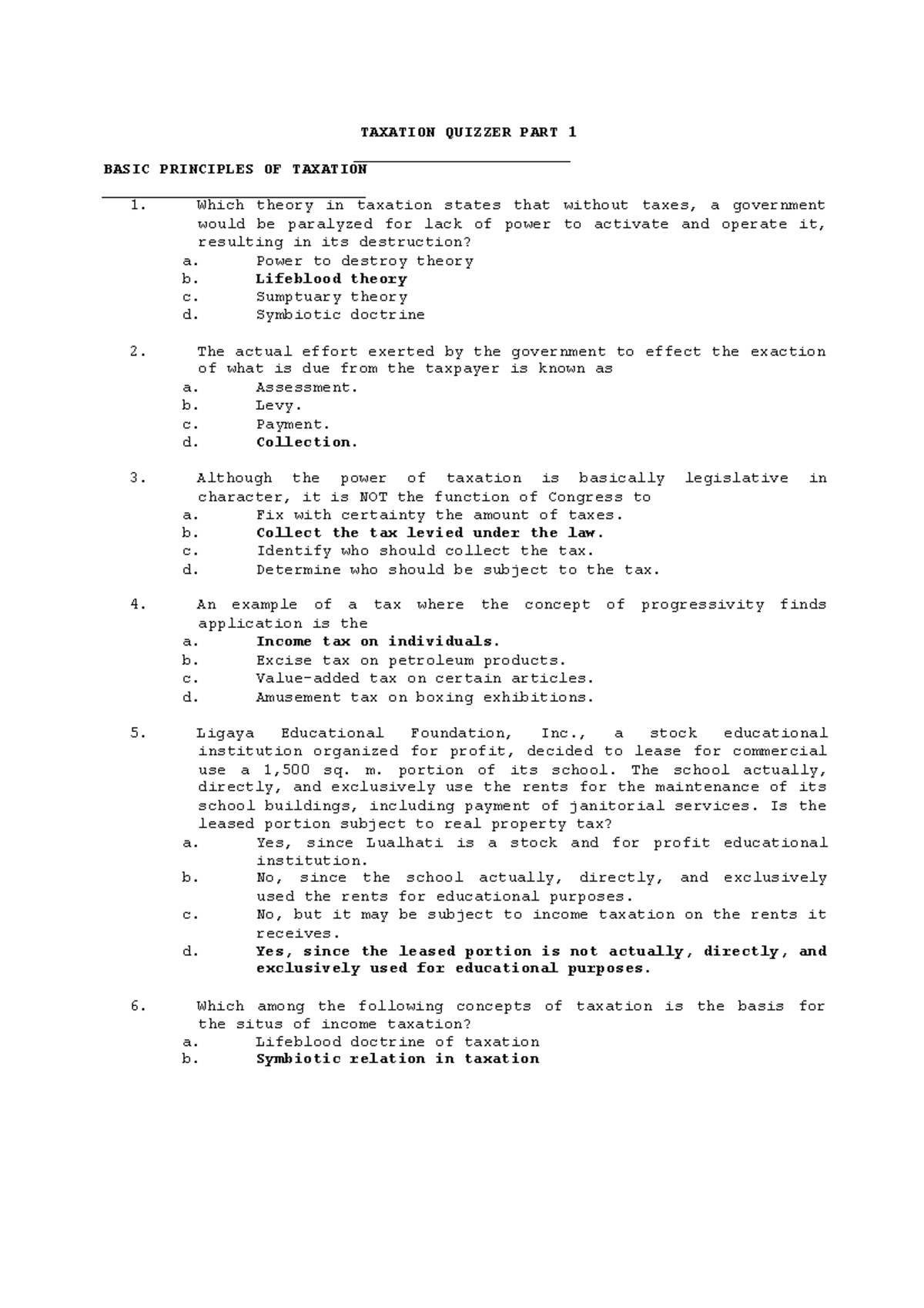 TAXATION QUIZZER PART 1: BASIC PRINCIPLES & ESTATE TAXATION - Studocu