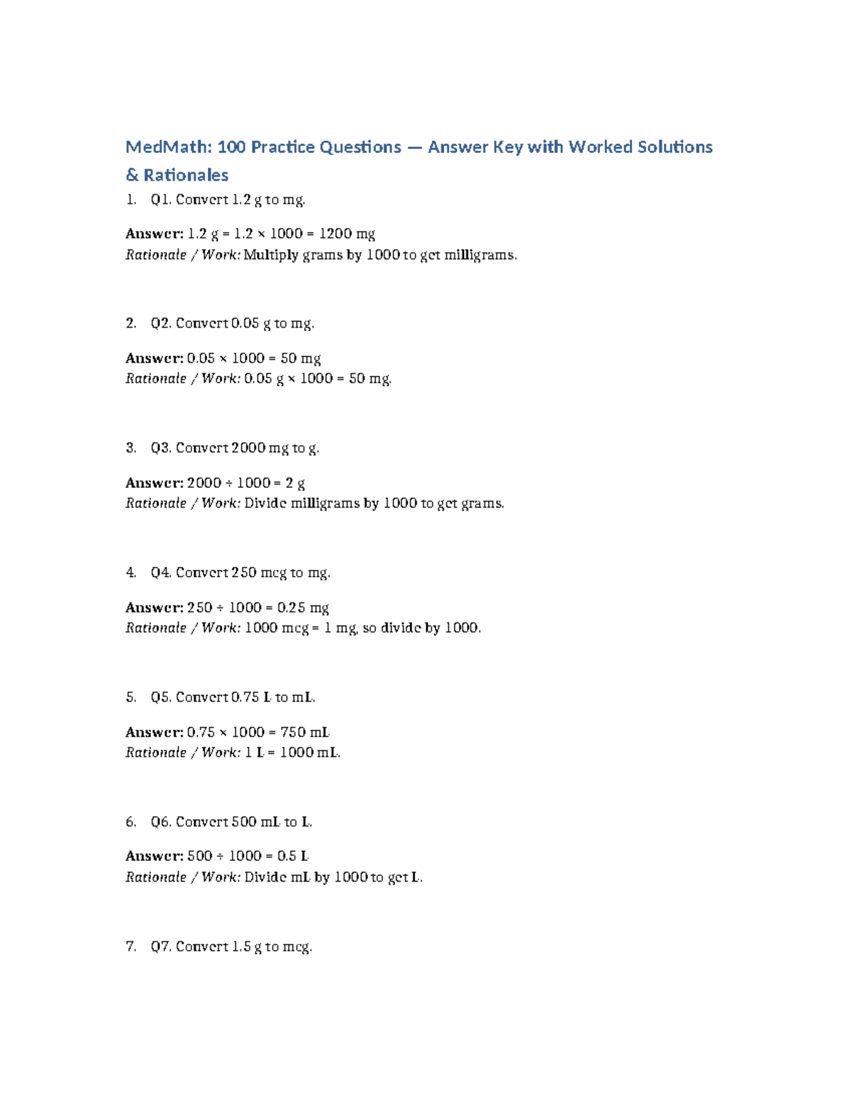 MedMath: 100 Practice Questions Answer Key with Solutions - Studocu