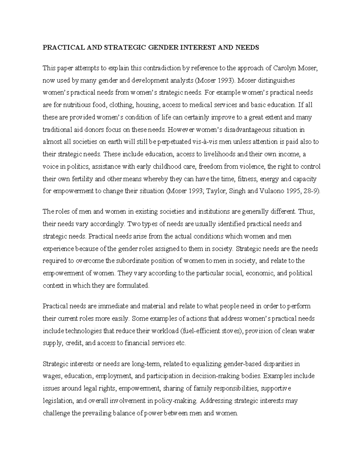 Practical and Strategic Gender Needs Analysis: A Moser Framework ...