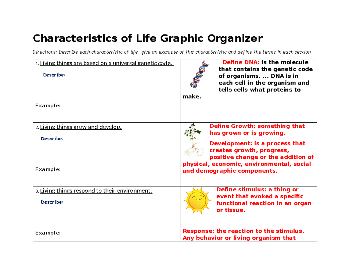 Characteristics of Life: Graphic Organizer Guide for Study - Studocu
