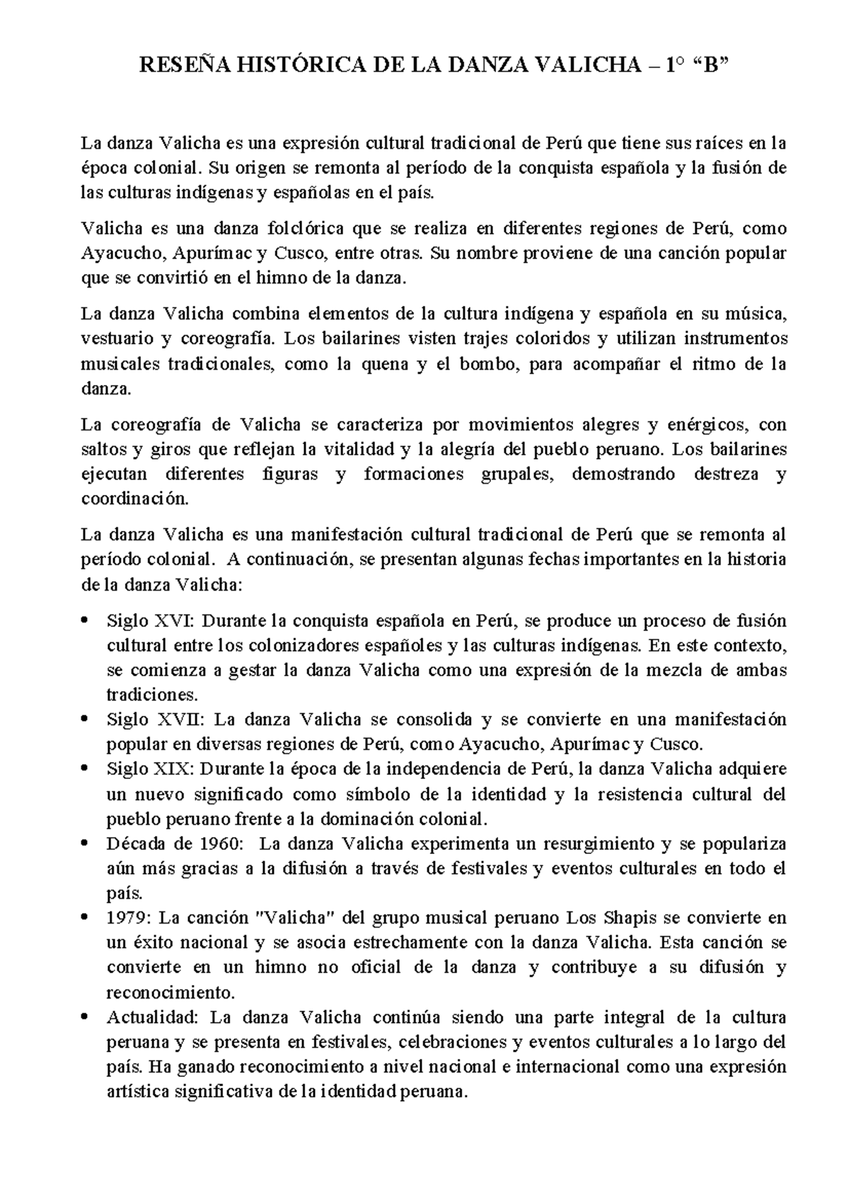 Reseña Histórica de la Danza Valicha - 1° “B” Cultural Insights - Studocu