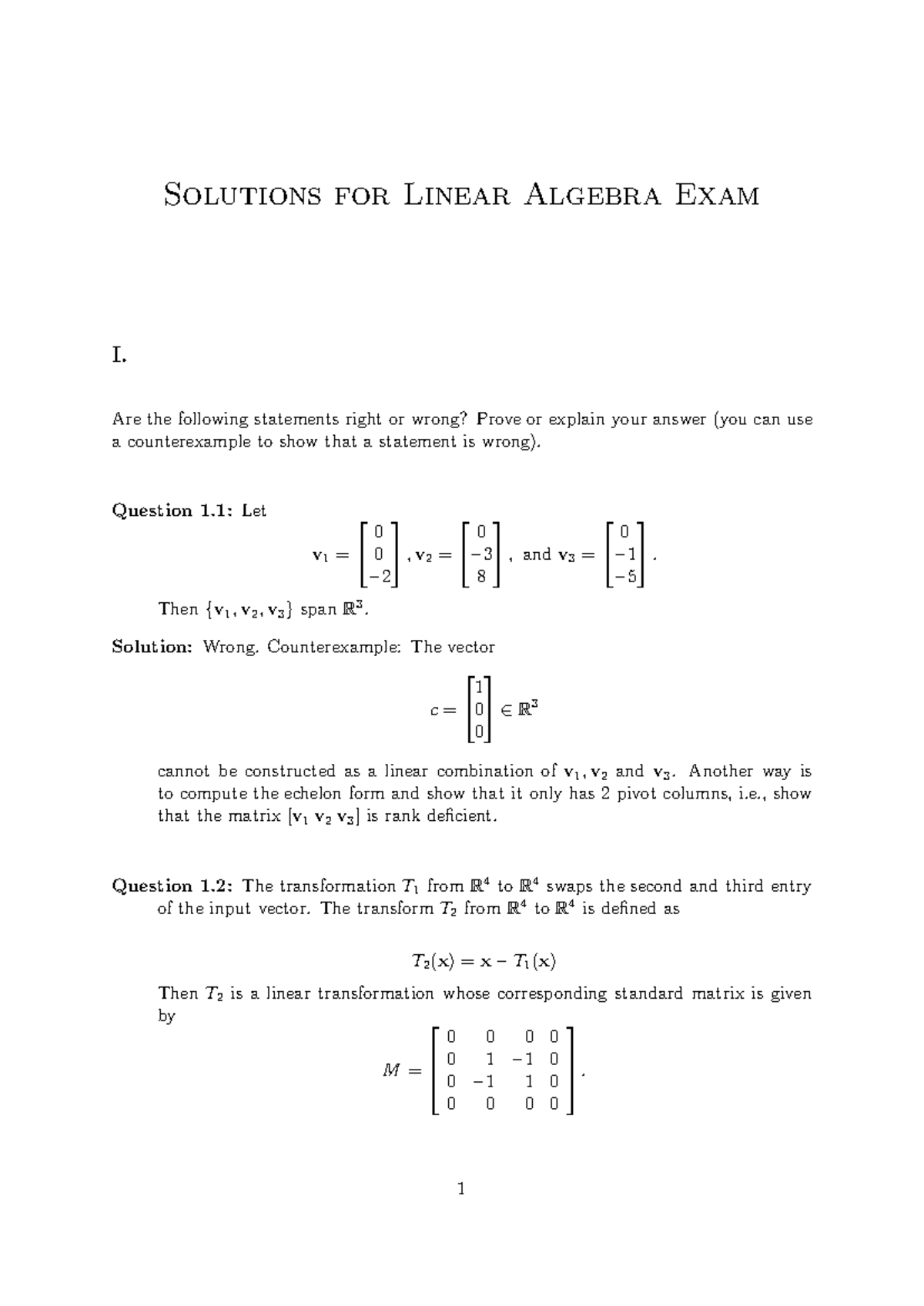 Exam Solutions for Linear Algebra Exam I: Detailed Explanations - Studocu