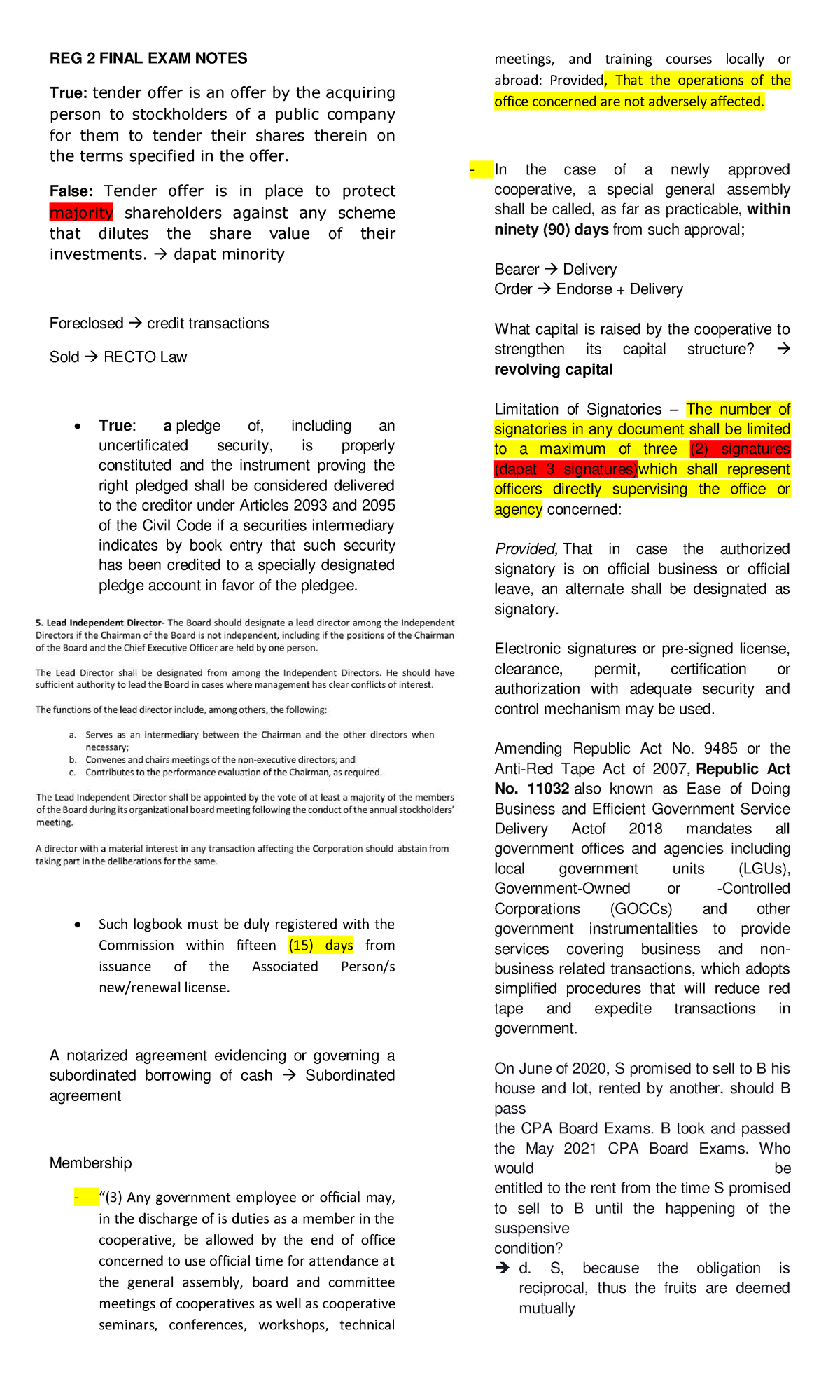 LAW 2 FINAL EXAM NOTES: Tender Offers, Pledges, and Cooperatives - Studocu