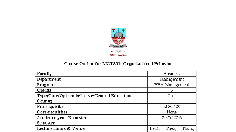 MGT301: Organizational Behavior Course Outline 2025-26 - Studocu