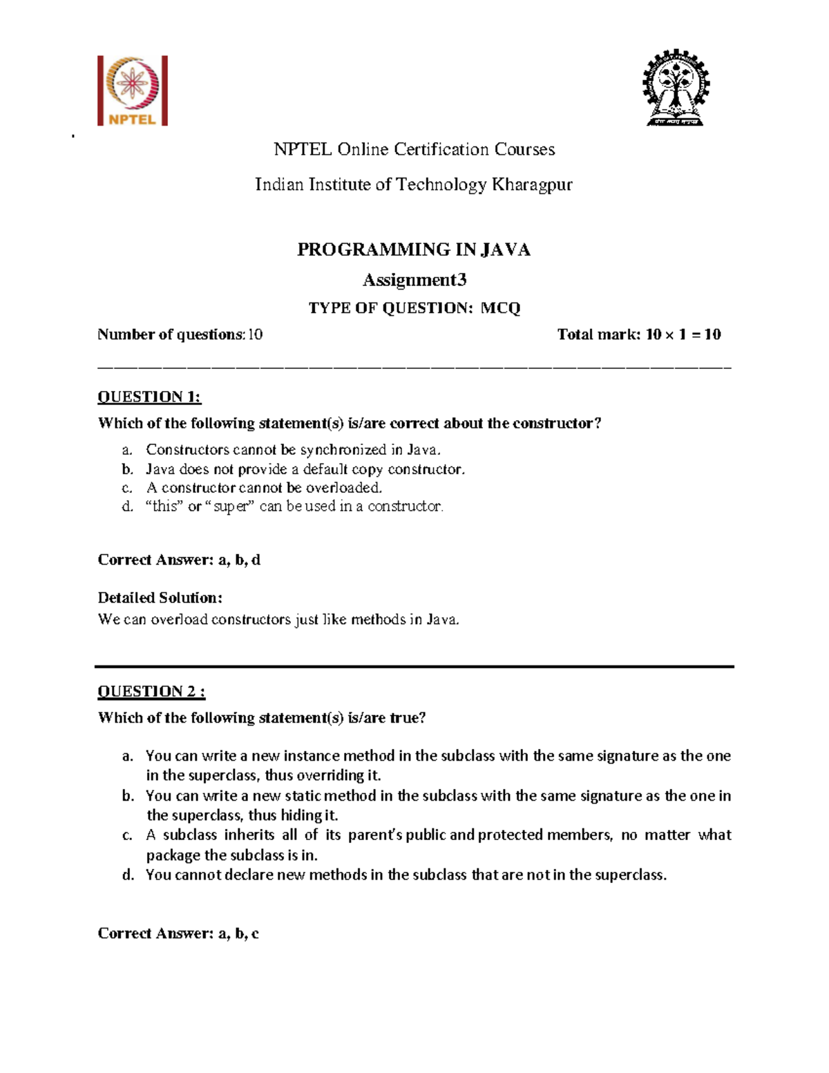 NPTEL IIT Kharagpur: Programming in Java Assignment 3 Solutions - Studocu