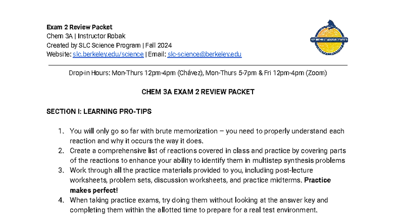 Chem 3A Exam 2 Review Packet - Fall 2024 by Instructor Robak - Studocu