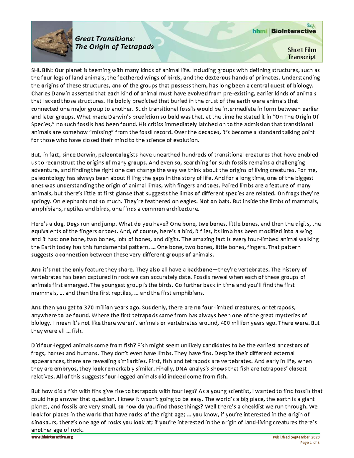 Great Transitions: Short Film Transcript on Tetrapod Origins ...