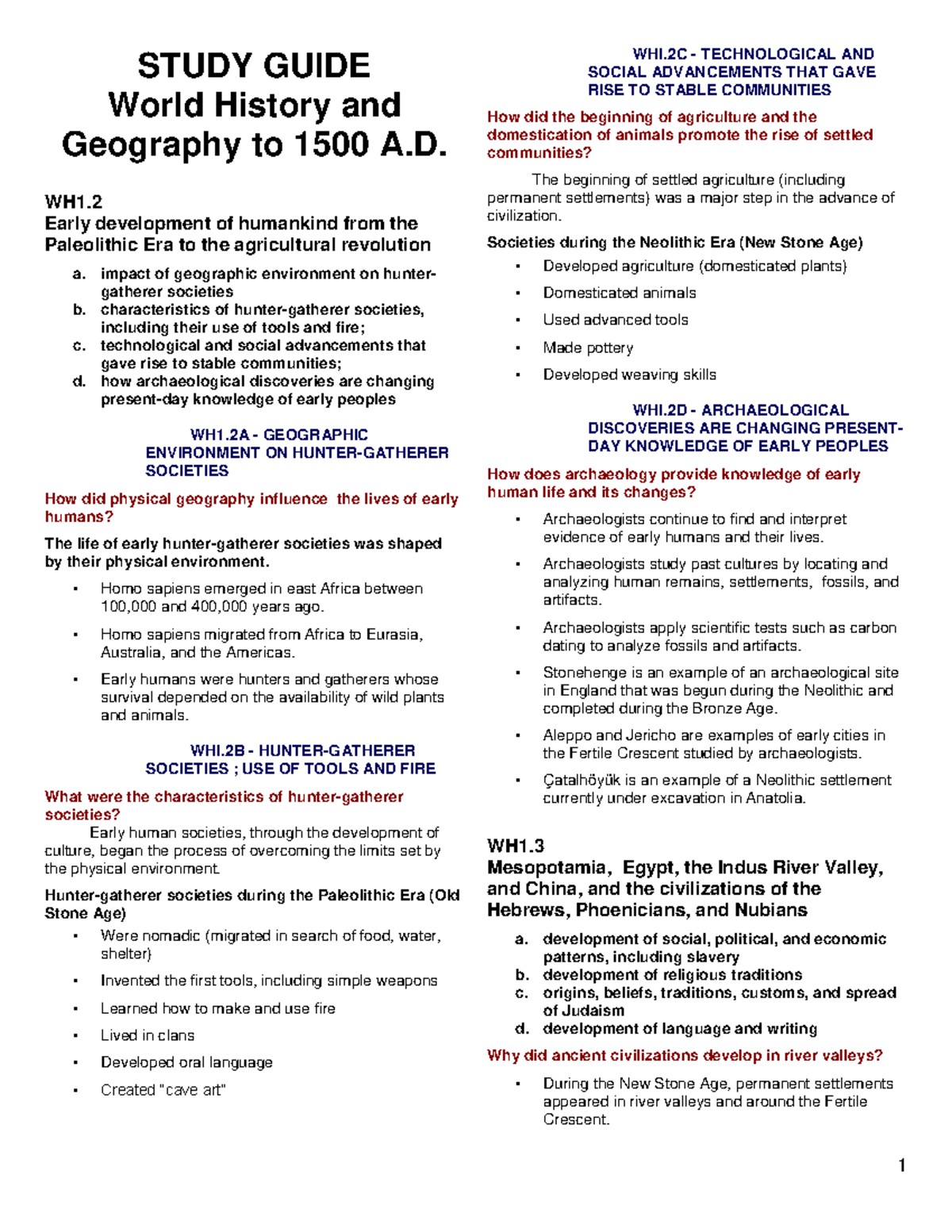 Study guide for world history and geography to 1500 A.D. WH1.2 - Studocu