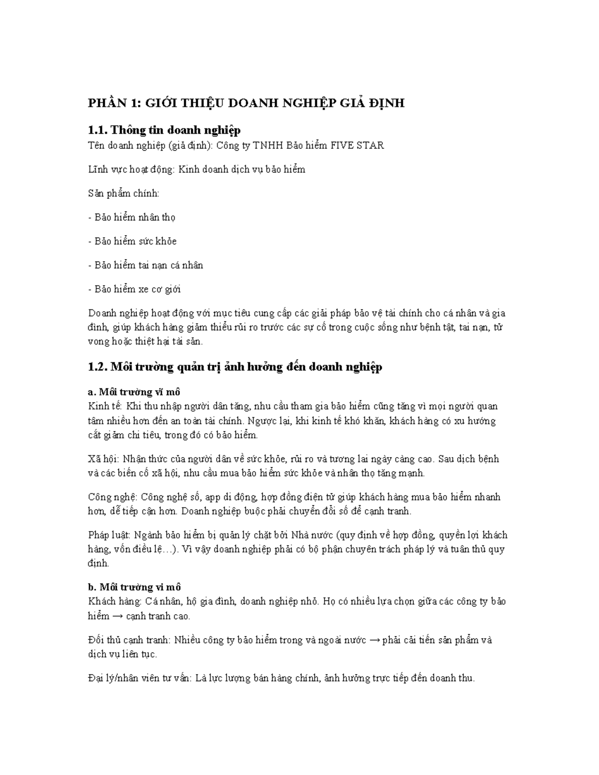 QTH P1 - Giới thiệu Doanh Nghiệp Giả Định FIVE STAR - Studocu