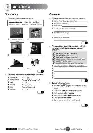 Brainy KL5 Unit Test 5A - Test dla klasy 5 Grupa A - Studocu