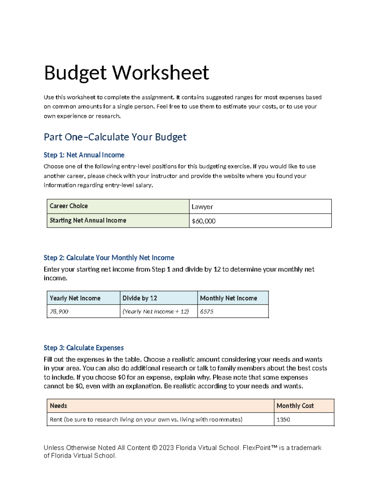 FLVS Budget Worksheet 1.06: Personal Financial Planning Guide - Studocu