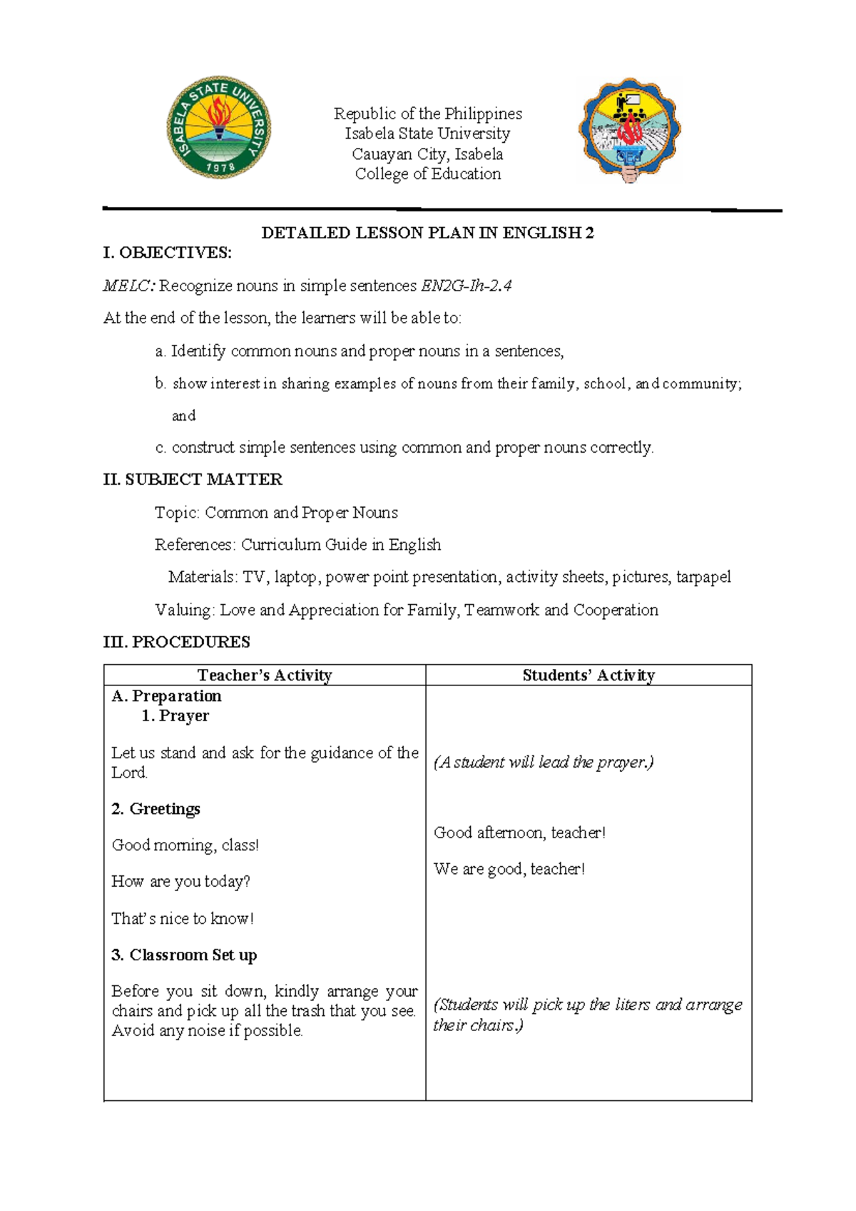 Grade 2 DLP: Detailed Lesson Plan on Common and Proper Nouns - Studocu