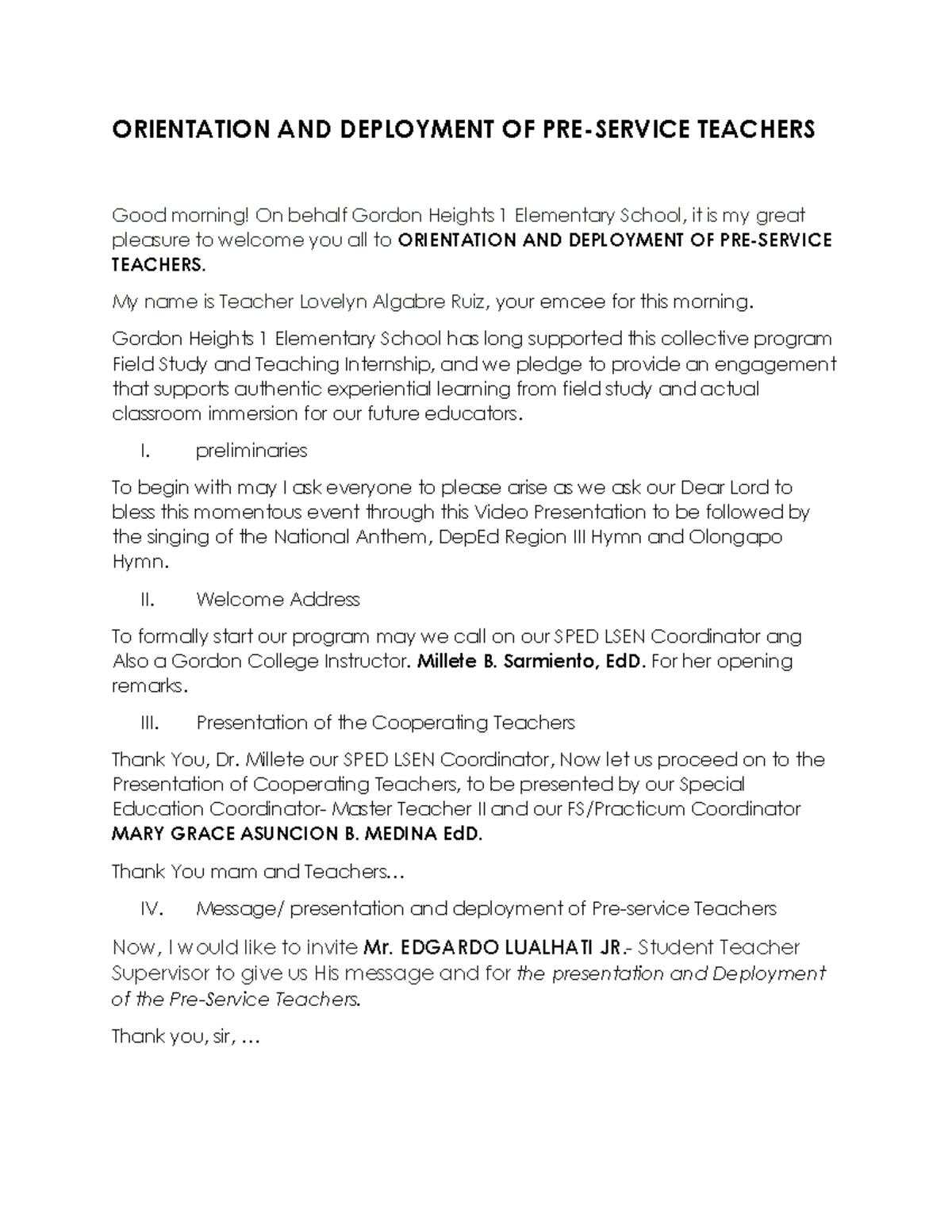 Script FOR Orientation AND Deployment OF ST - ORIENTATION AND ...