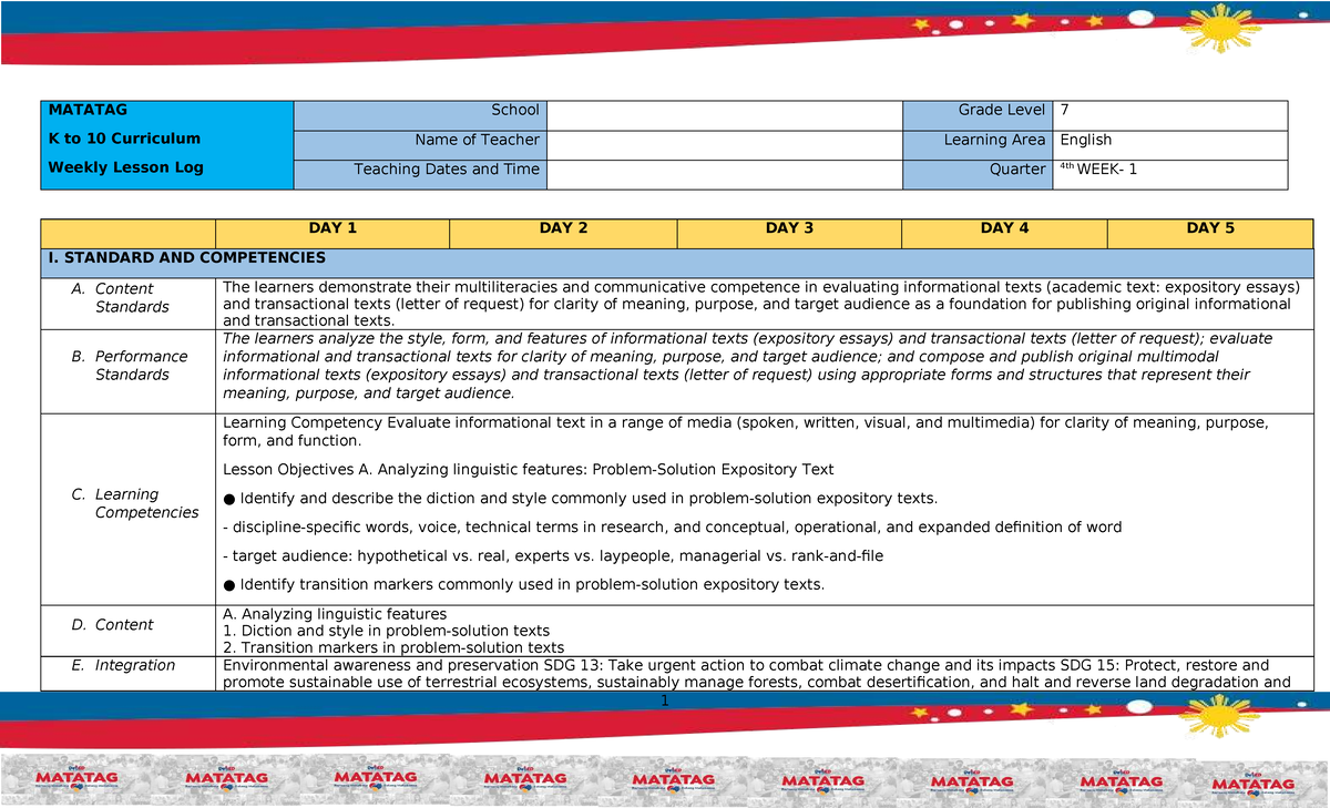English 7 DLL Week 1 - Q4: Daily Lesson Plan for Expository Texts - Studocu