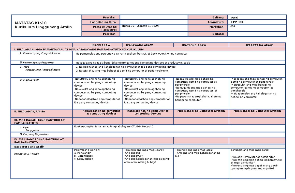 Q1 W1 EPP 4 Matatag: Lingguhang Aralin sa ICT at Kahalagahan ng ...