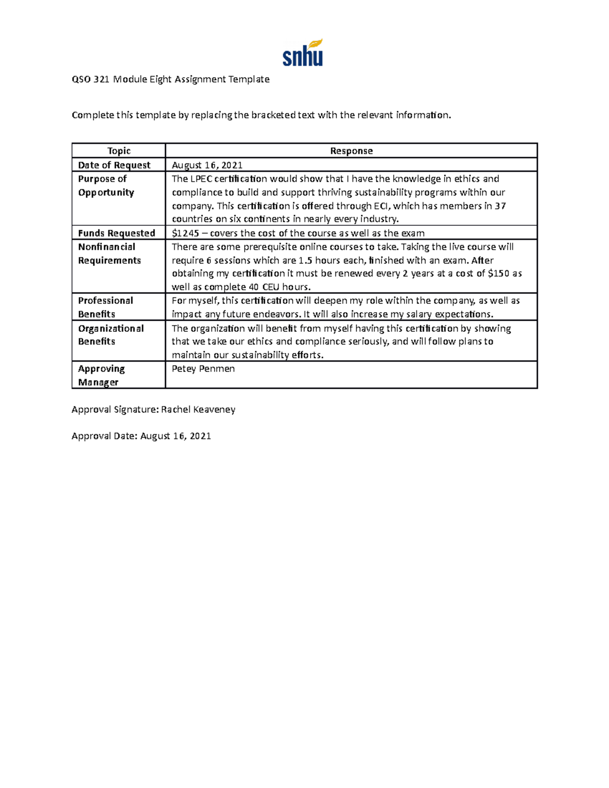 QSO 321 Module Eight Assignment - Topic Response Date of Request August ...