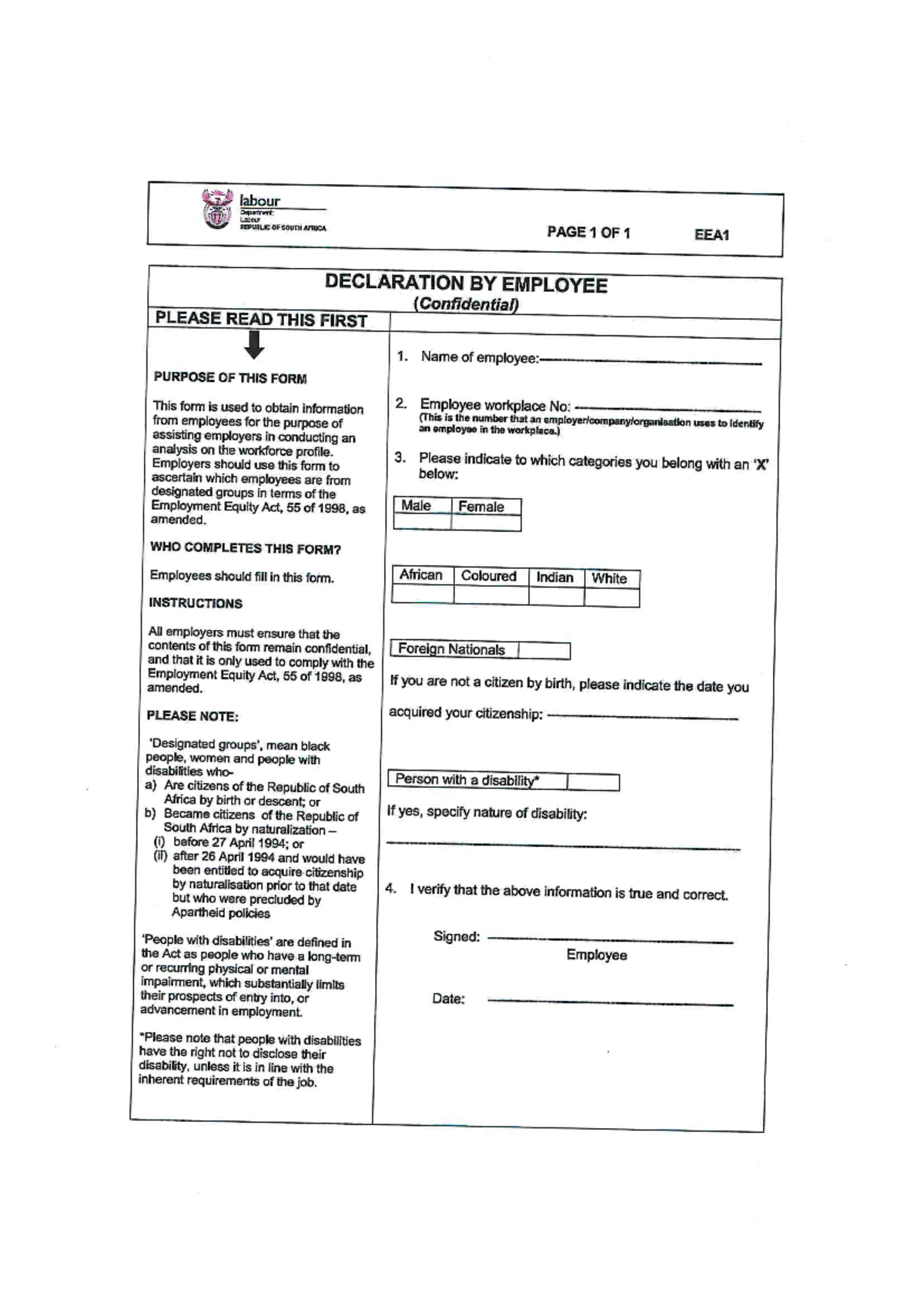 EEA1 - Employee declaration form for workforce analysis - Studocu