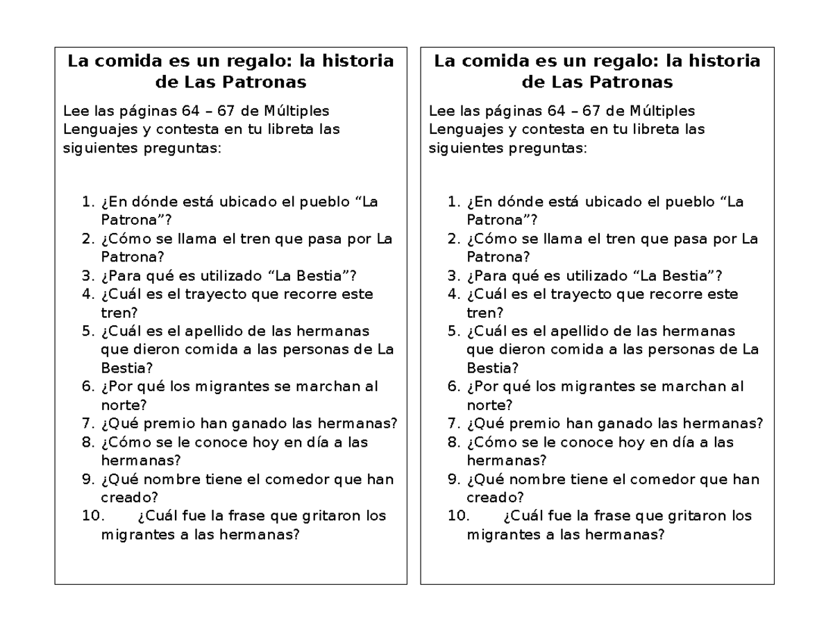 Las Patronas - Preguntas de Múltiples Lenguajes 6to Grado - Studocu