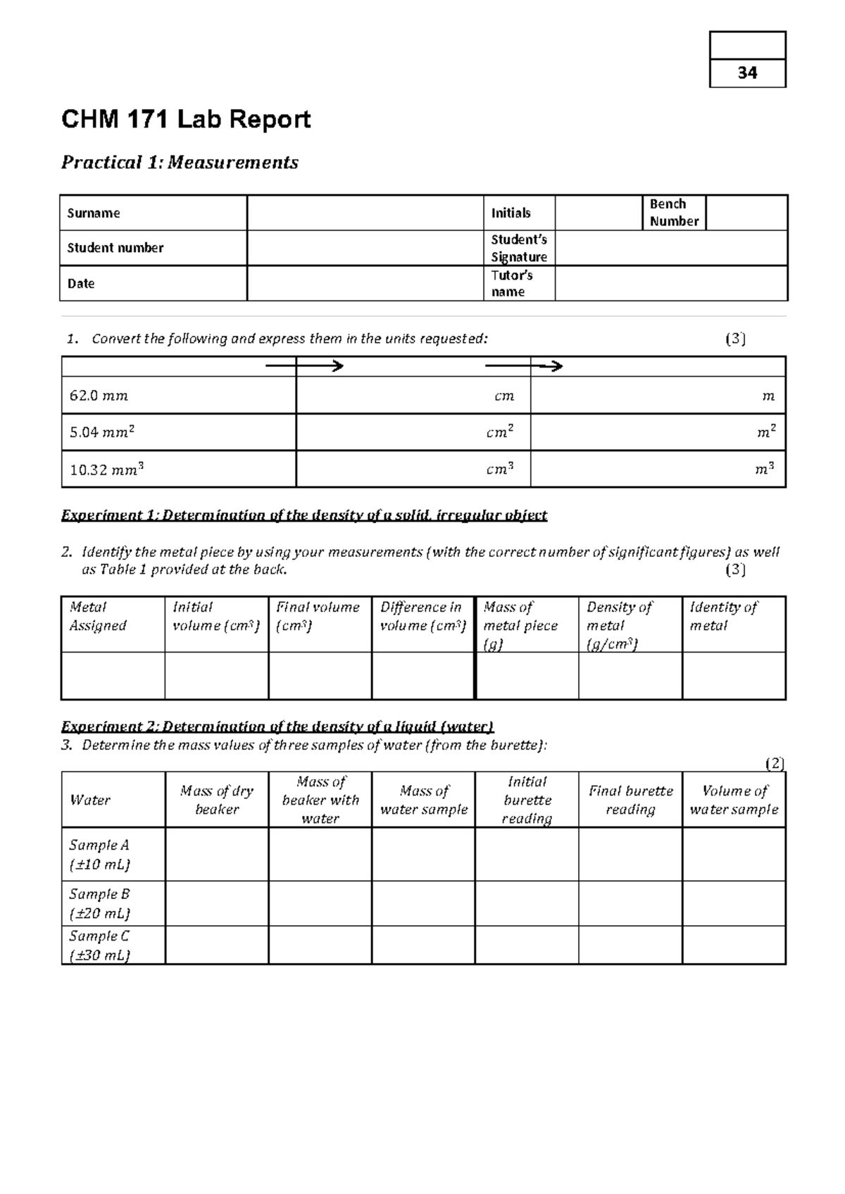 CHM 171 Lab Report Practical 1: Density Measurements and Analysis - Studocu