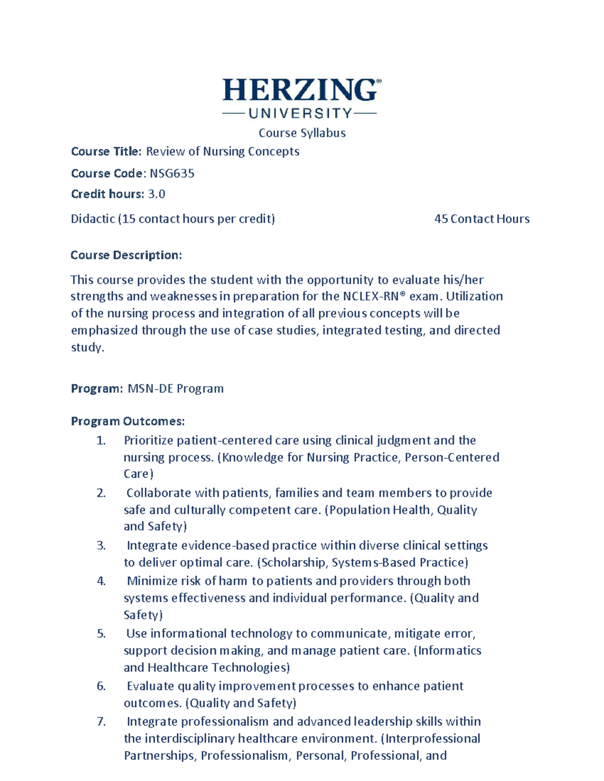 NSG635 Course Syllabus: Review of Nursing Concepts and Exam Prep - Studocu