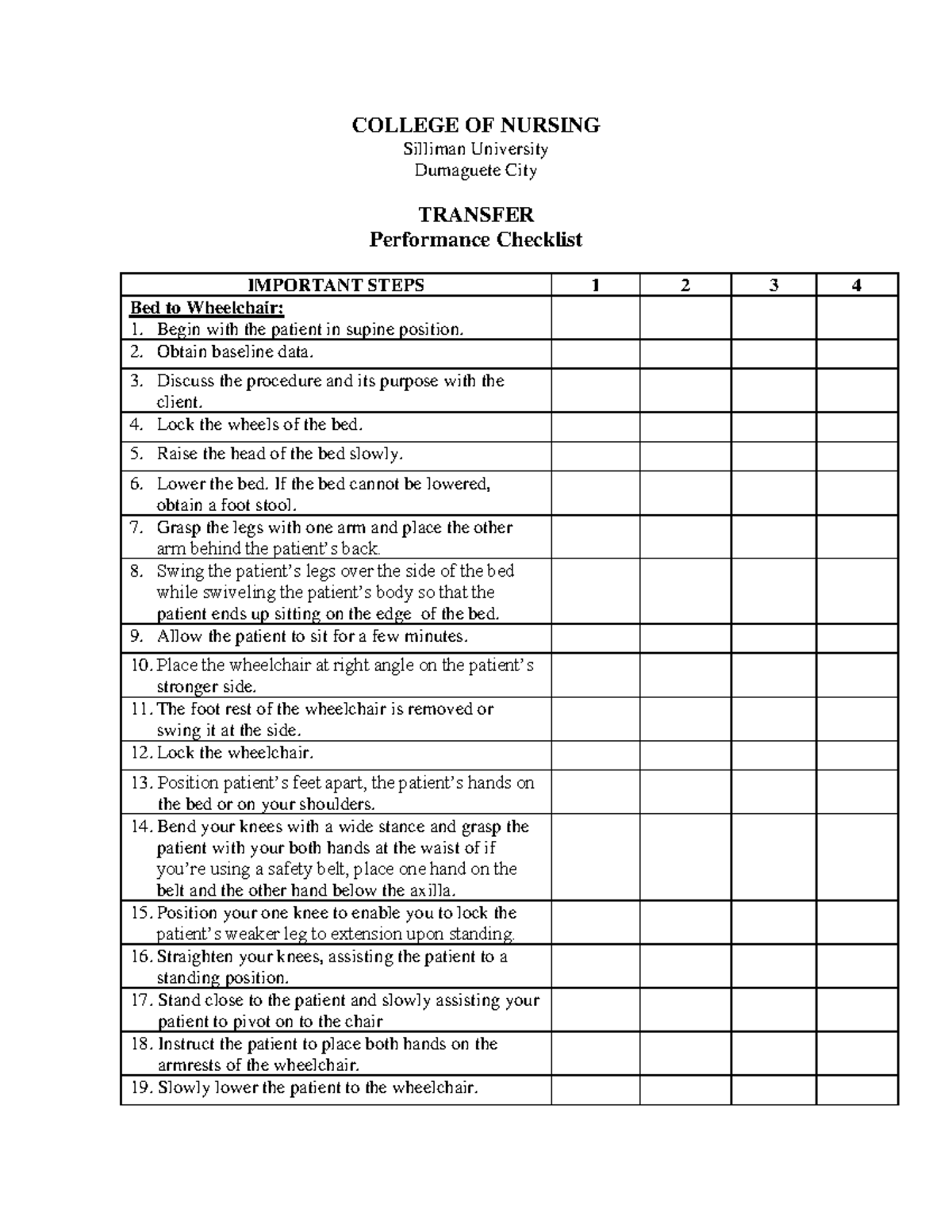 NURS 101 Transfer and Ambulation Performance Checklist - Studocu